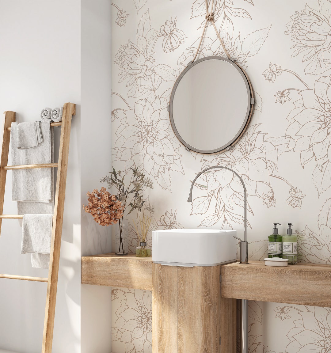 Modern Floral Line Art Wallpaper | floral Botanical Wallpaper Light ...