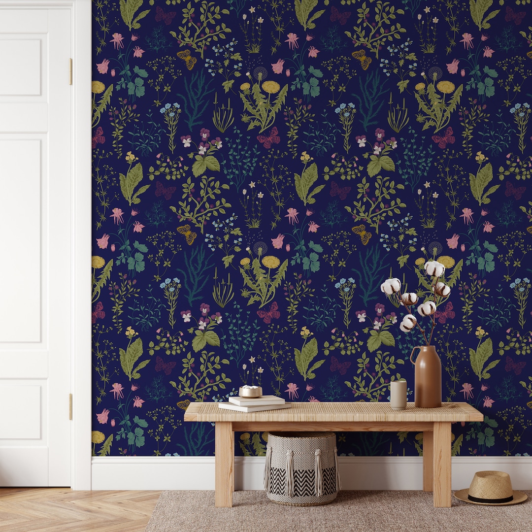 Navy Blue Floral Peel and Stick Wallpaper Botanical Wallpaper Secret ...