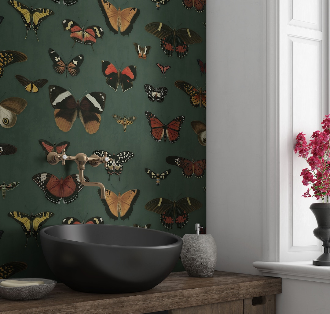 Dark Green Butterfly Wallpaper Peel and Stick Dark Green Botanical ...