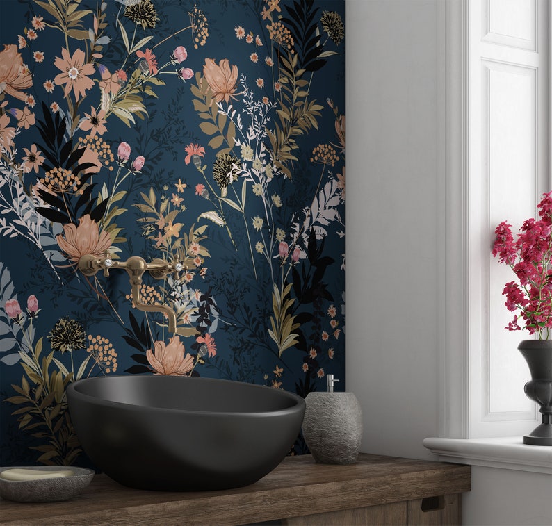 Blue Tropical Peel and Stick Wallpaper | Navy Botanical Wallpaper ...