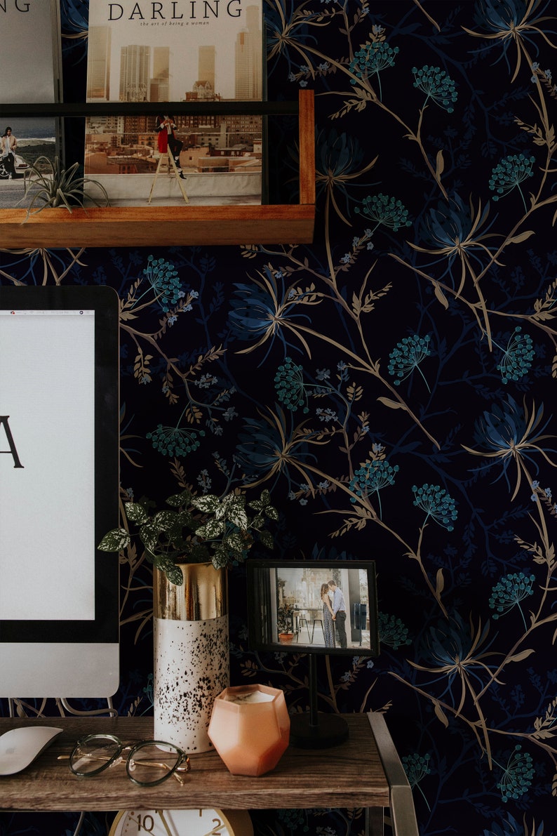 Dark Botanical Wallpaper Peel and Stick Floral | Navy Blue Wallpaper ...