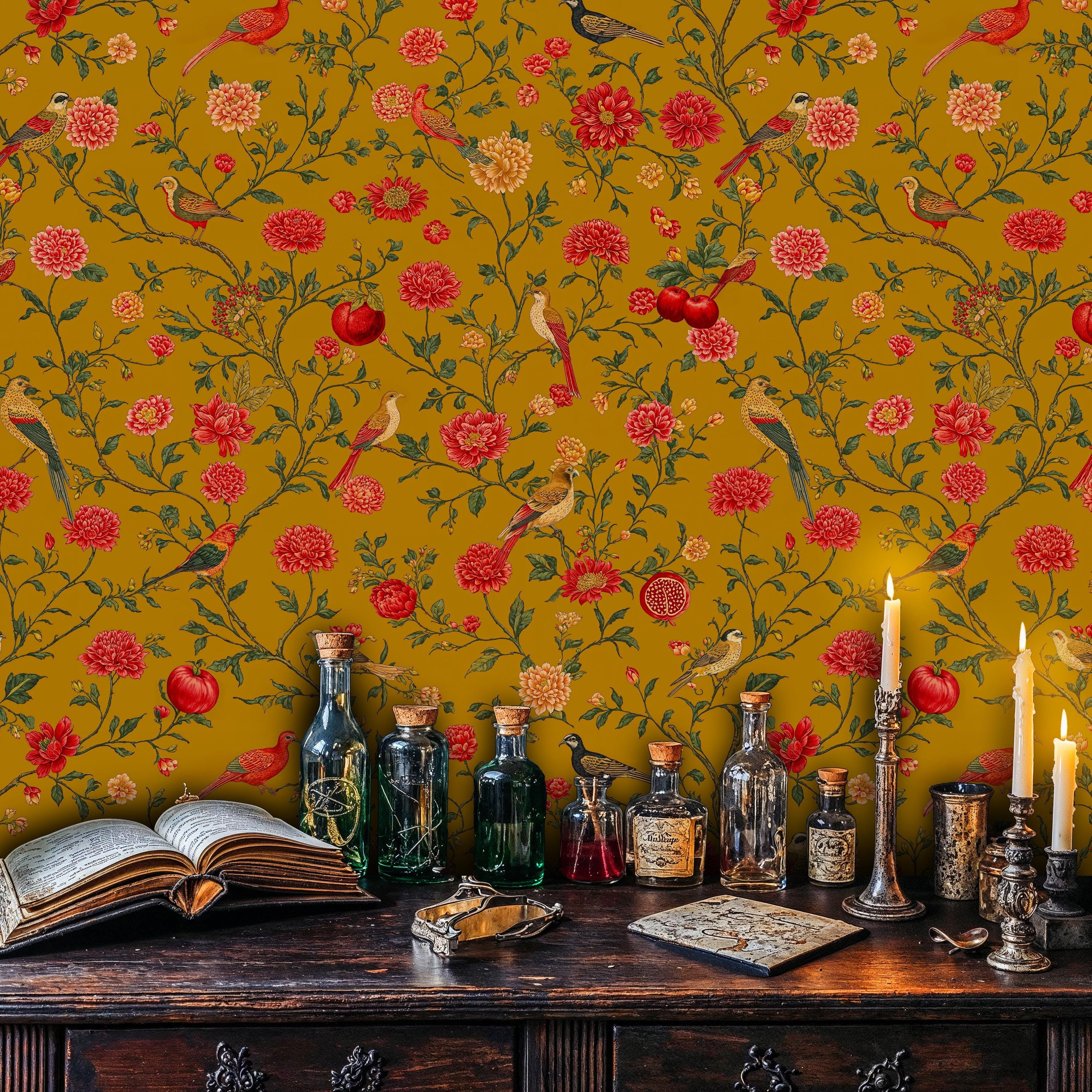 Mustard Floral Wallpaper With Birds: Chinoiserie Pomegranate Wall Mural ...