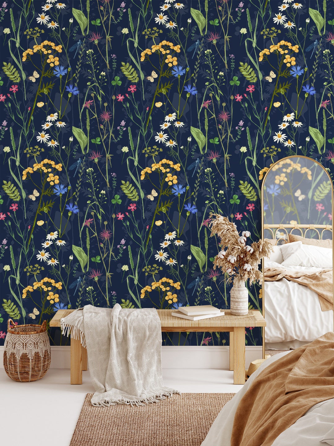 Herb Peel and Stick Wallpaper Floral | Navy Botanical Wallpaper With ...