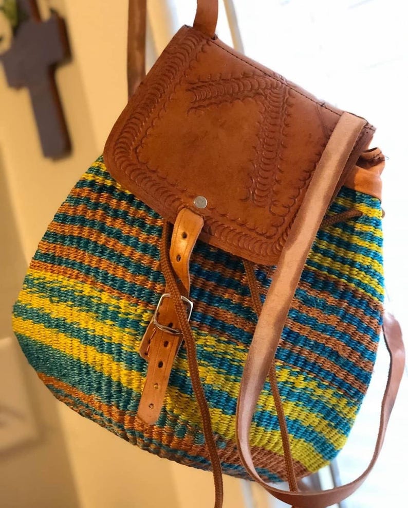 Kiondo Medium African Handwoven Backpack With Leather Adjustable ...