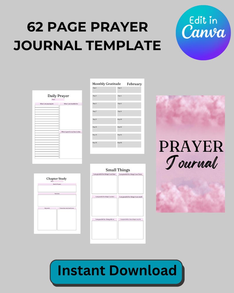 Canva Editable Prayer Journal Template - Set of 62 Customizable Pages ...
