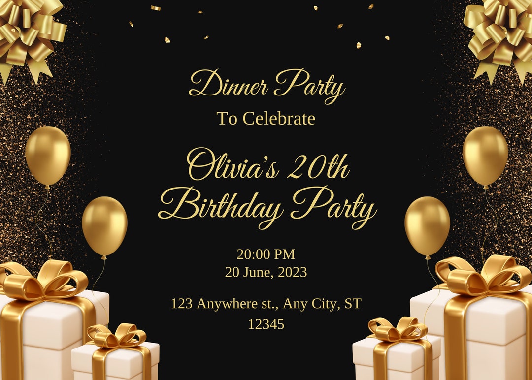 Black and Gold Editable Birthday Invitation - Etsy