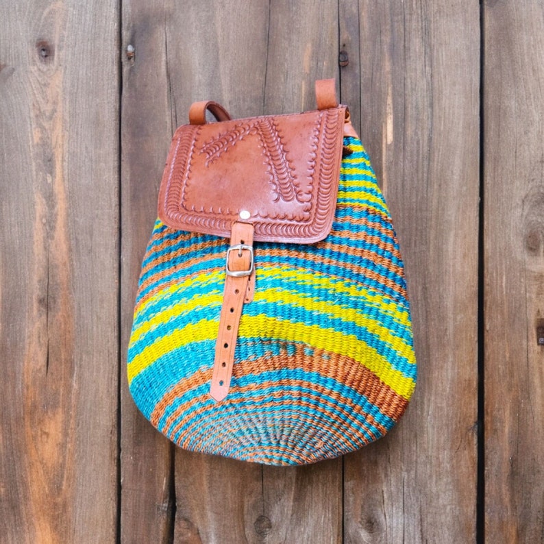 Kiondo Medium African Handwoven Backpack With Leather Adjustable ...
