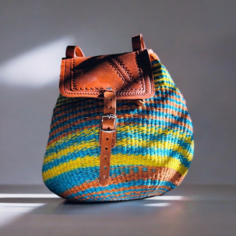 Kiondo Medium African Handwoven Backpack With Leather Adjustable ...