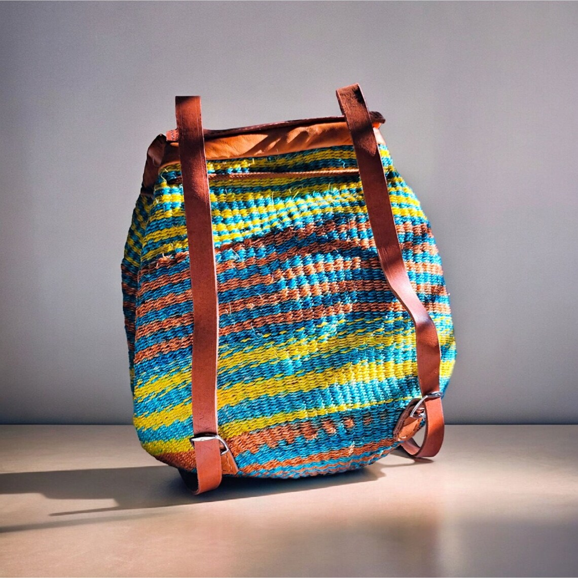 Kiondo Medium African Handwoven Backpack With Leather Adjustable ...