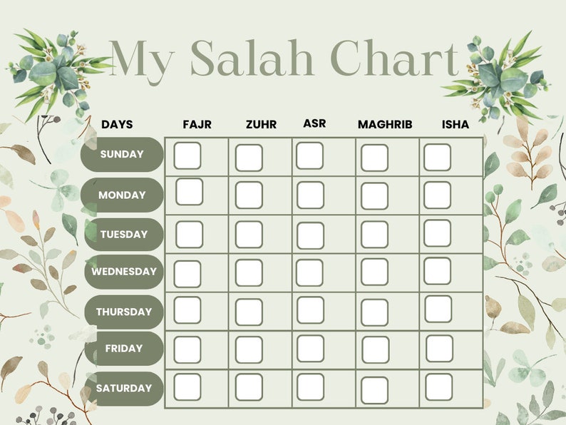 Salah Tracker Printable, Daily Salah Tracker, Salah Chart, Prayer Chart ...
