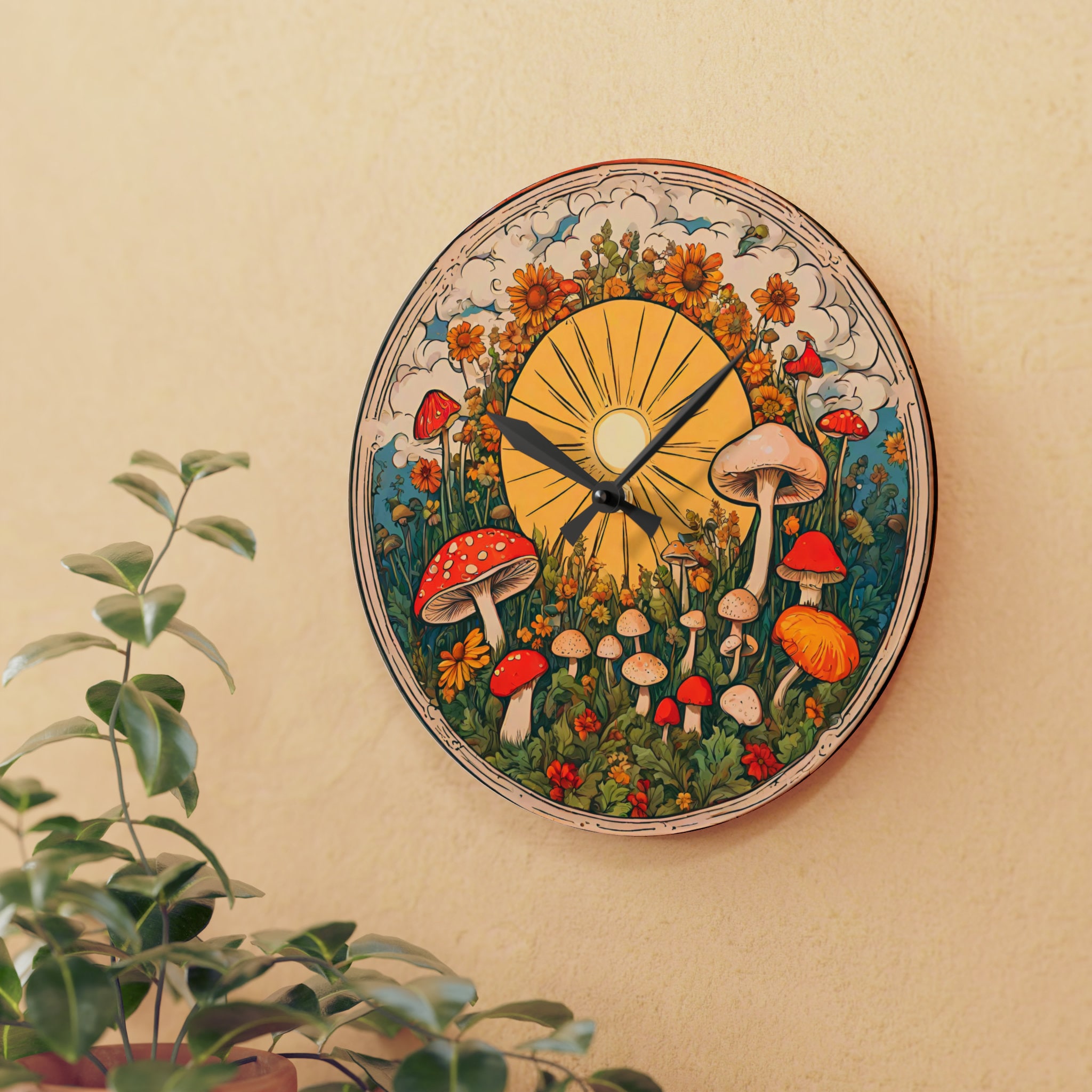Acrylic Retro Mushroom and Sunshine Wall Clock Cottage Core Wall Clock ...