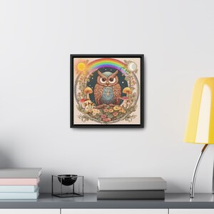 Retro Bohemian Owl and Mushroom and Flowers on Canvas Owl Lover Blue ...