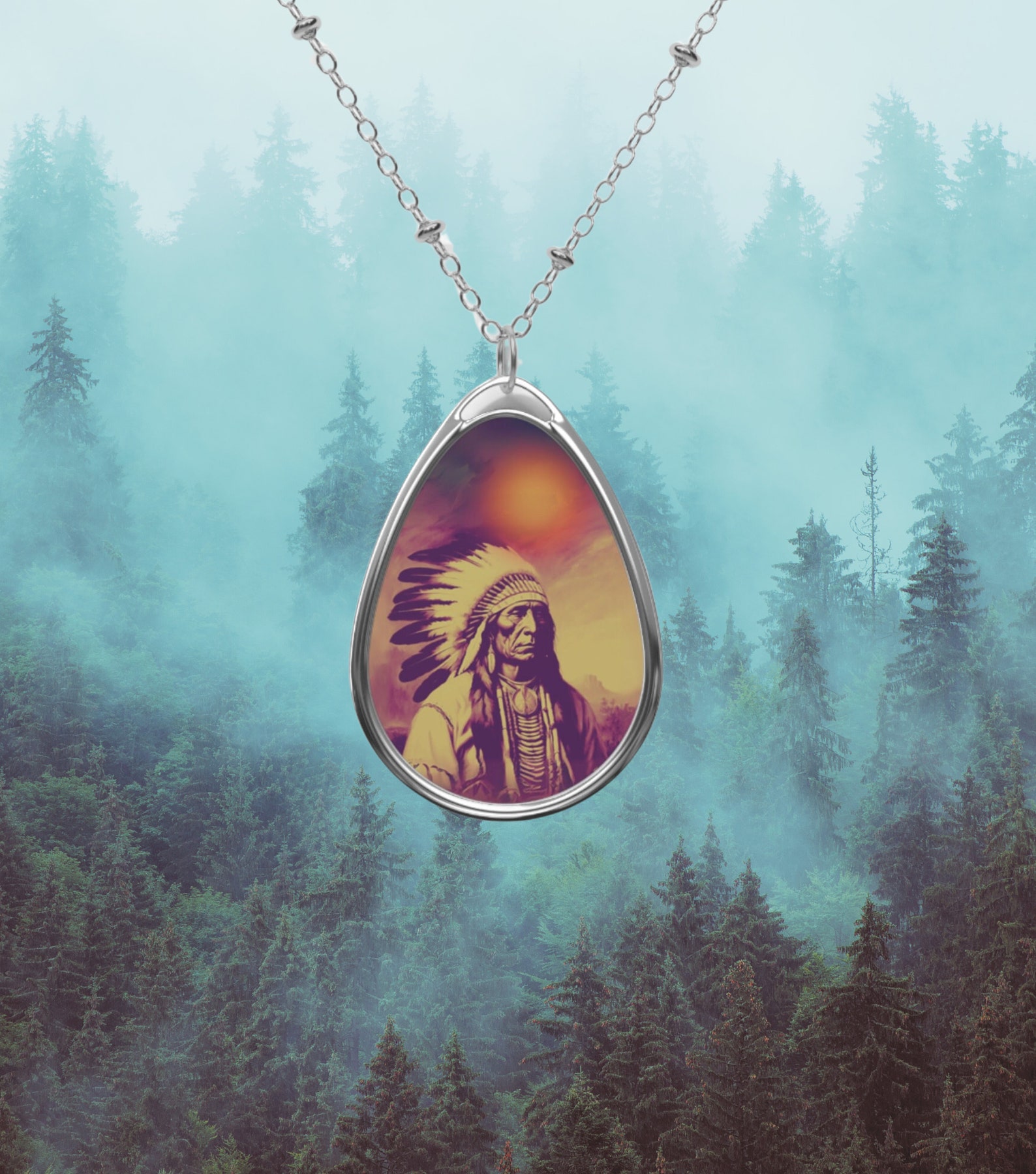 Vintage Native American Necklace Chief Necklace Chief and Sun Boho Oval ...