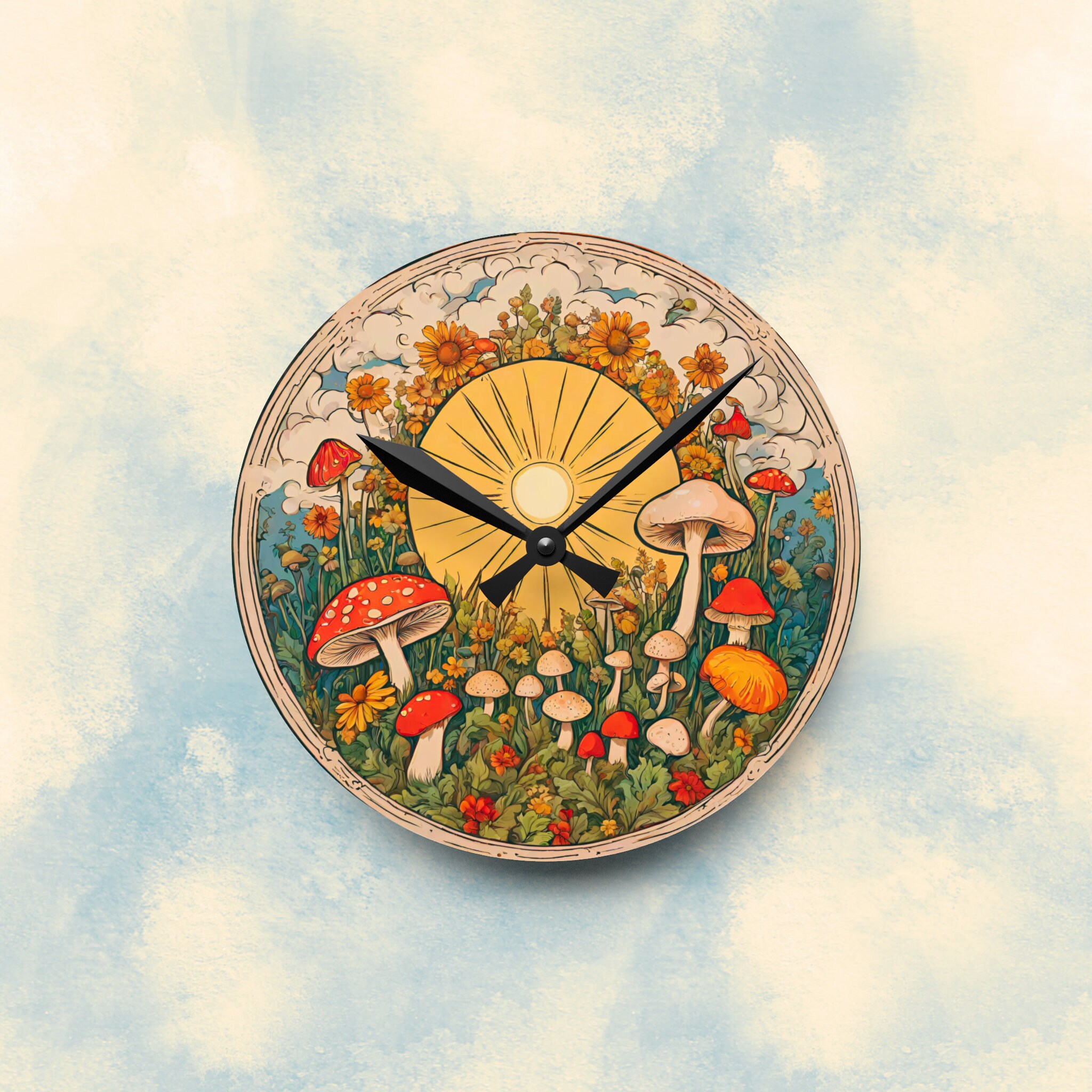 Acrylic Retro Mushroom and Sunshine Wall Clock Cottage Core Wall Clock ...
