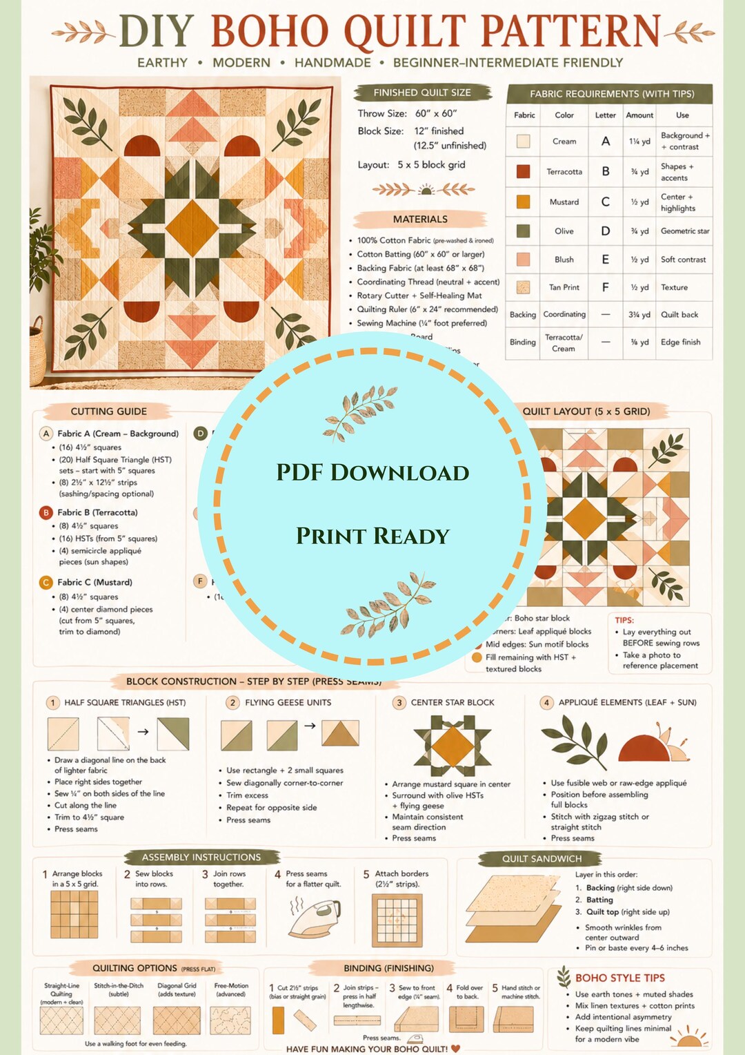 Boho Quilt Pattern Pdf Earthy Modern Quilt 60x60 Throw Quilt Pattern