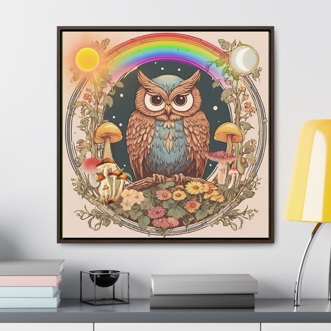 Retro Bohemian Owl and Mushroom and Flowers on Canvas Owl Lover Blue ...