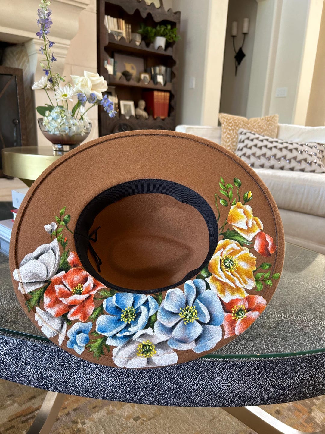 Custom Fedora Hat, Wide Brim Fedora, Western Hat, Hand-painted Flowers, Bridal Party Gift ...