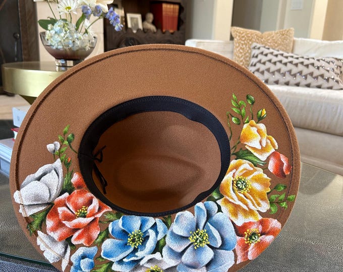 Custom Fedora Hat, Wide Brim Fedora, Western Hat, Hand-painted Flowers, Bridal Party Gift ...