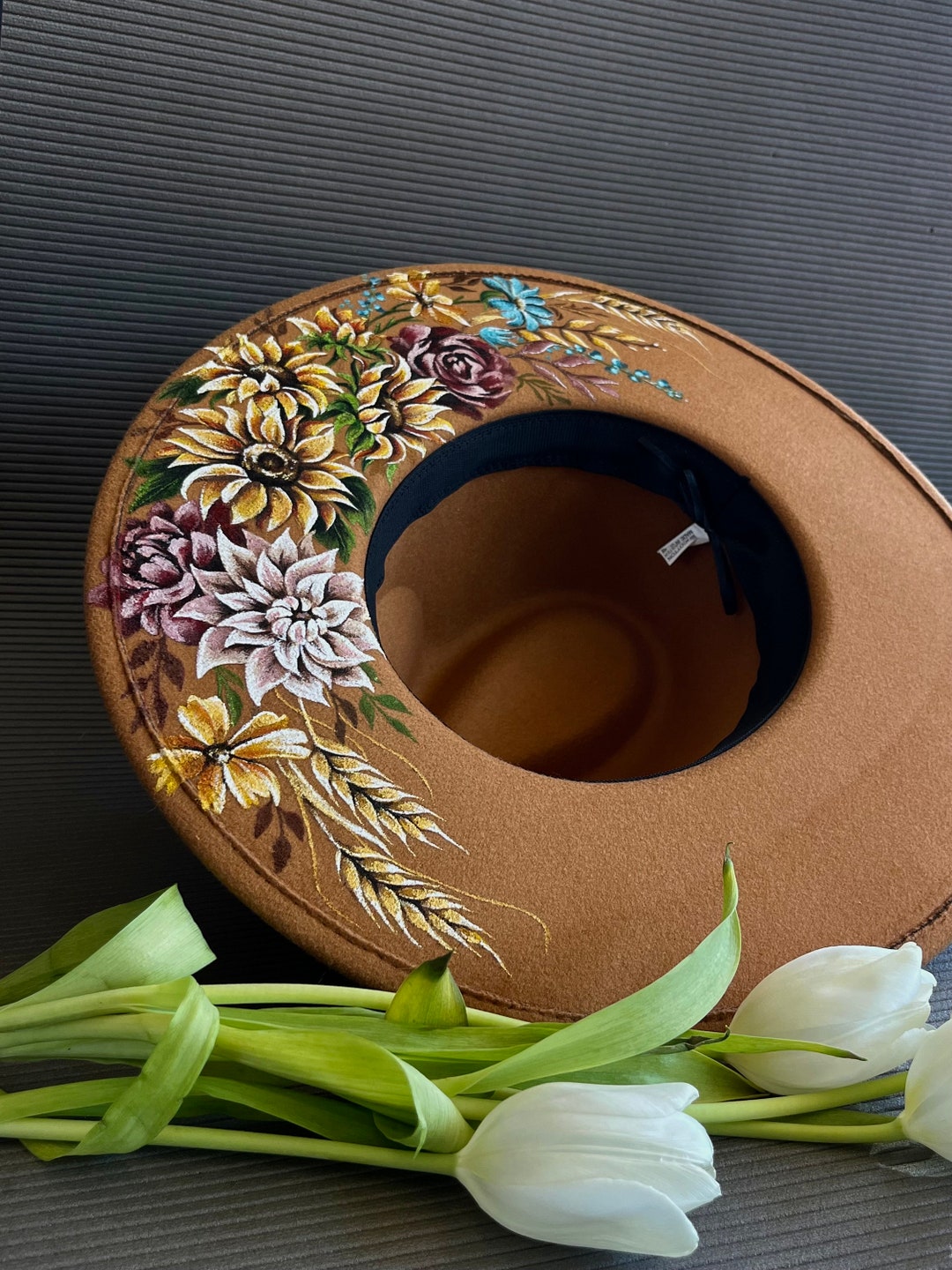 Custom Fedora Hat, Wide Brim Fedora, Western Hat, Hand-painted Flowers, Bridal Party Gift ...