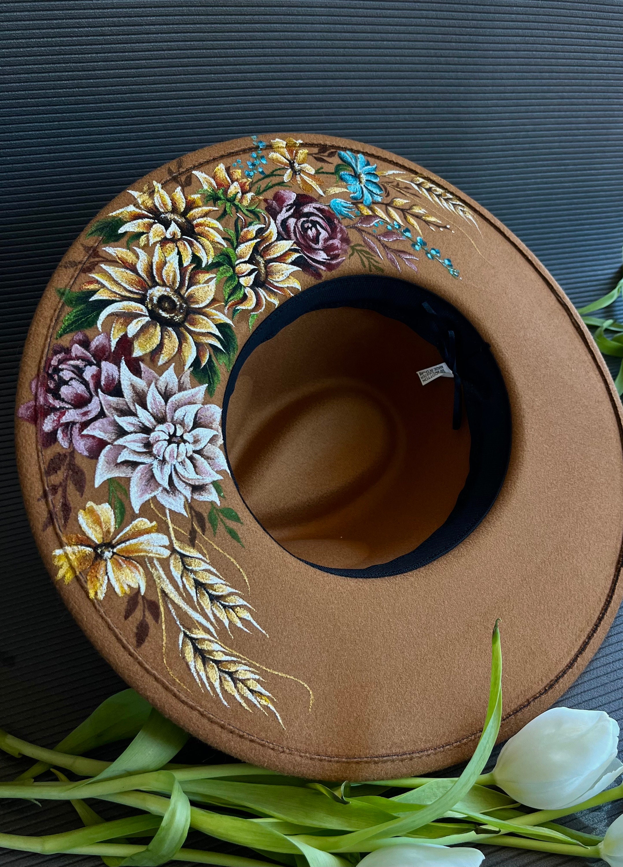 Custom Fedora Hat, Wide Brim Fedora, Western Hat, Hand-painted Flowers, Bridal Party Gift ...