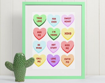 Conversation Hearts Print, Candy Hearts Art Print, Valentines Day Print ...