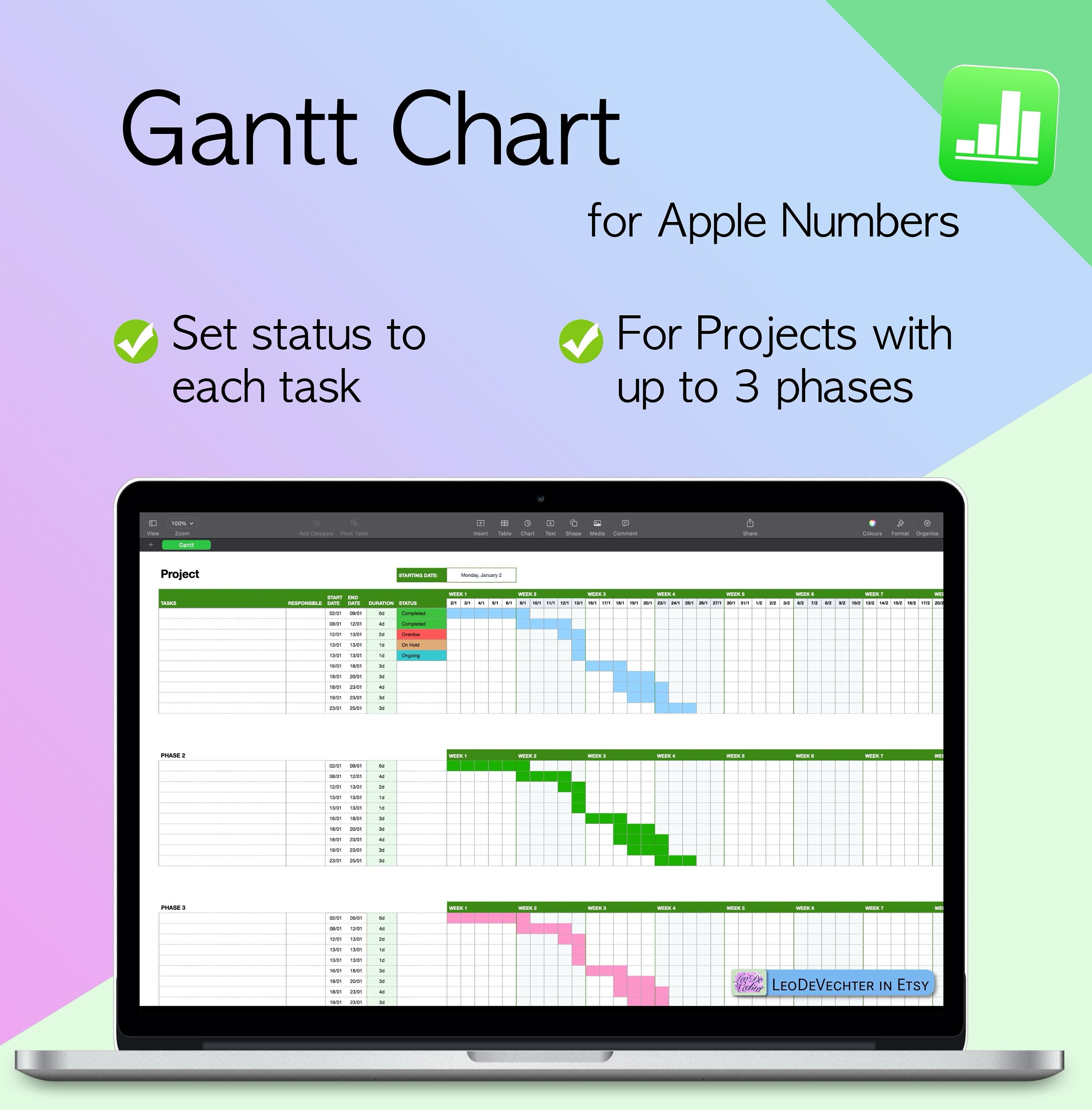 Gantt Chart With Task Status | Apple Numbers | Task Tracker | Project ...