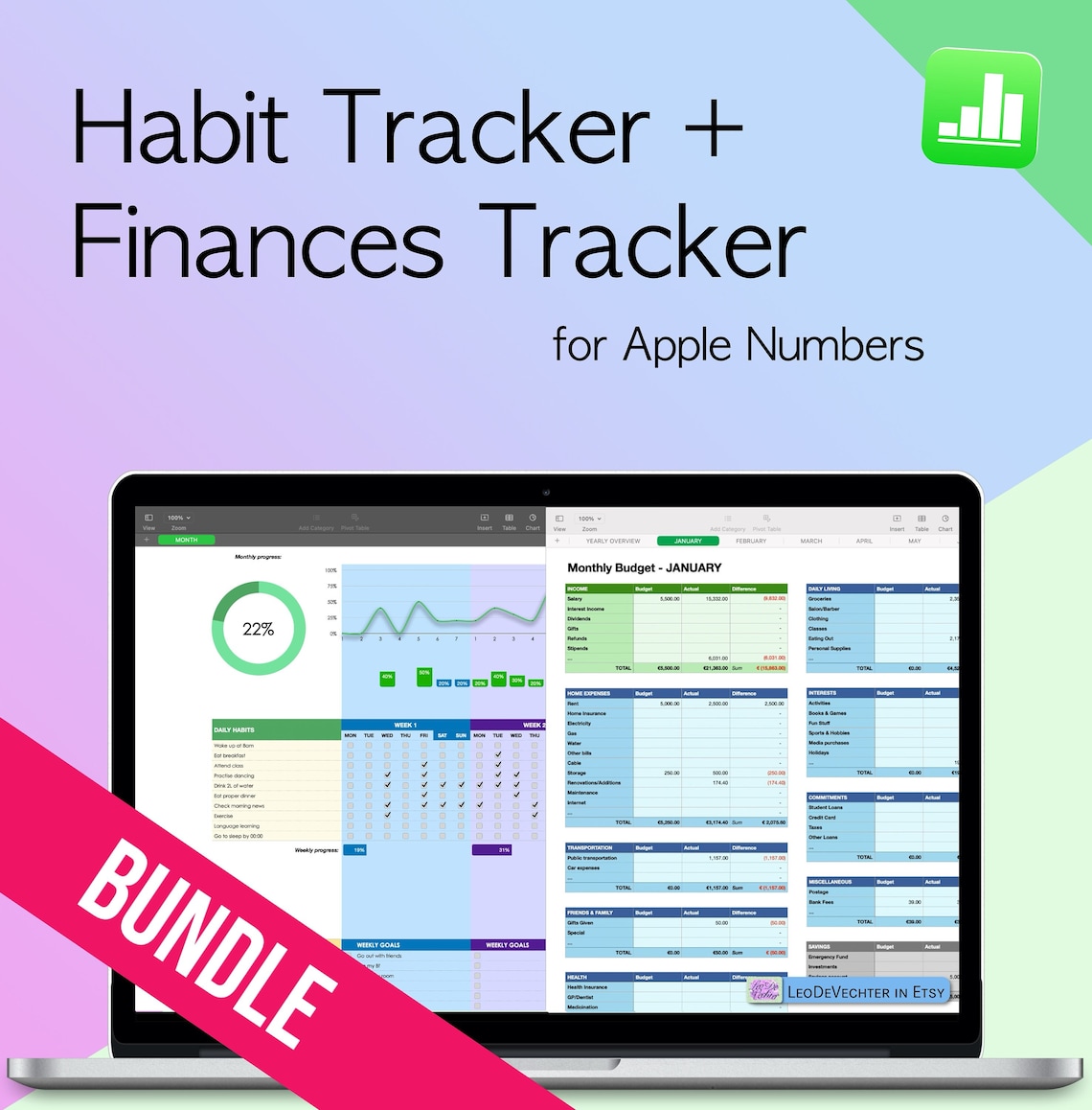 Habit & Finance Tracker Bundle | Apple Numbers Spreadsheet (digital ...