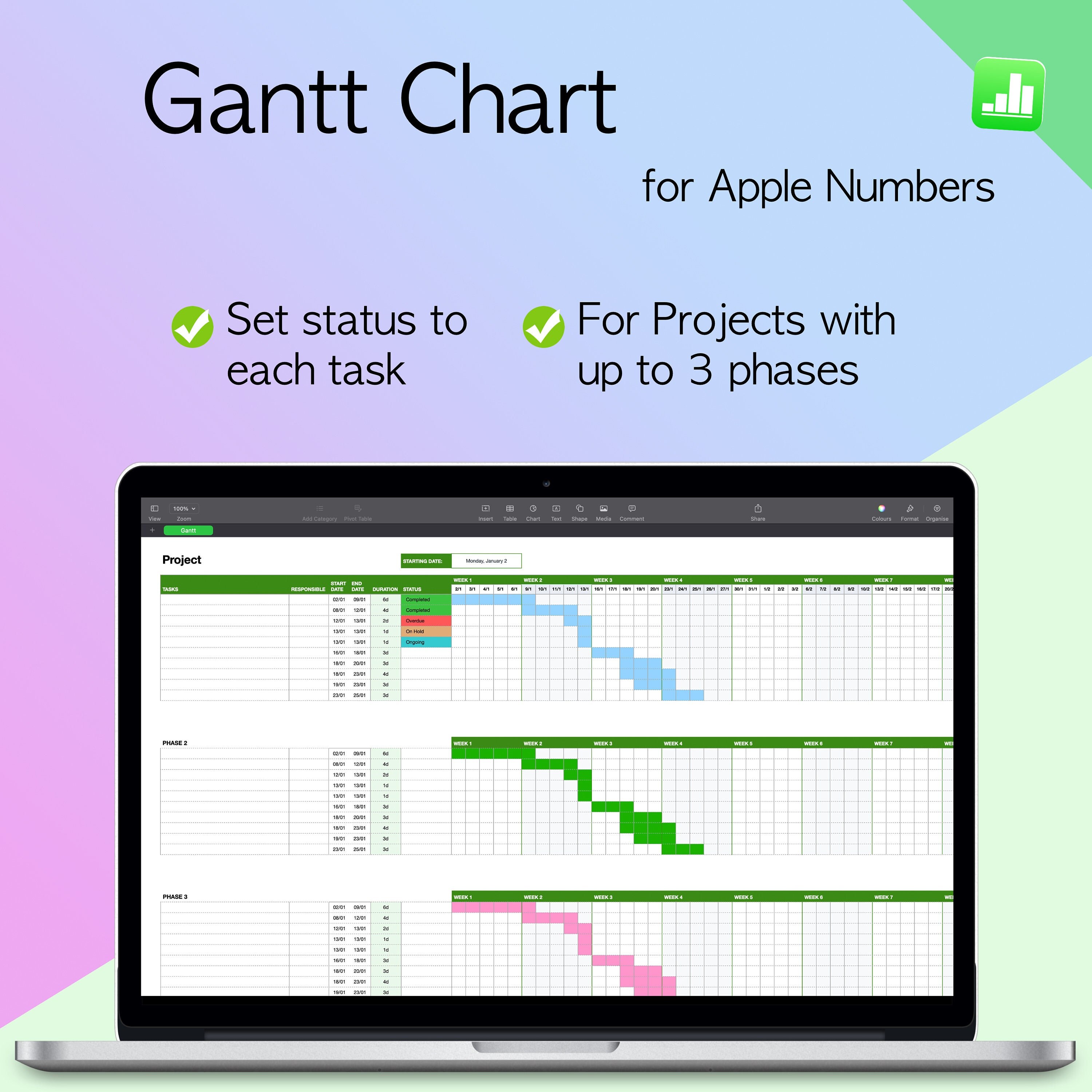 Gantt Chart With Task Status Apple Numbers Task Tracker - Etsy UK