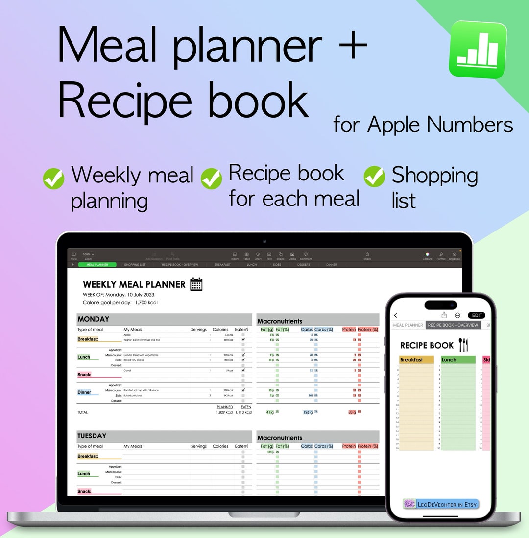 Meal Planner & Recipe Book Spreadsheet | Apple Numbers | Daily, Weekly ...