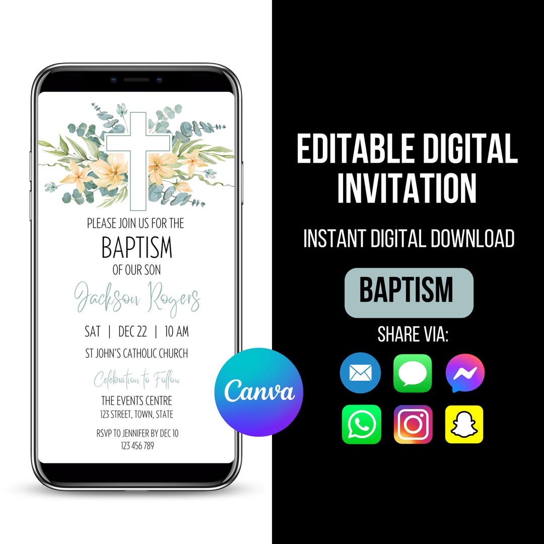 Digital Baptism Invitation Template, Electronic Baptism Invitation ...