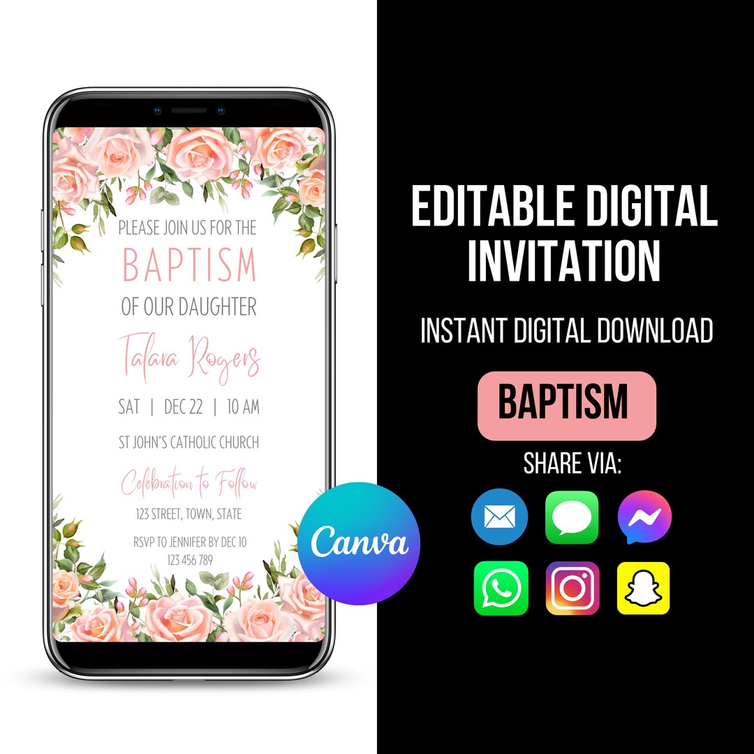 Digital Baptism Invitation Template, Electronic Baptism Invitation ...