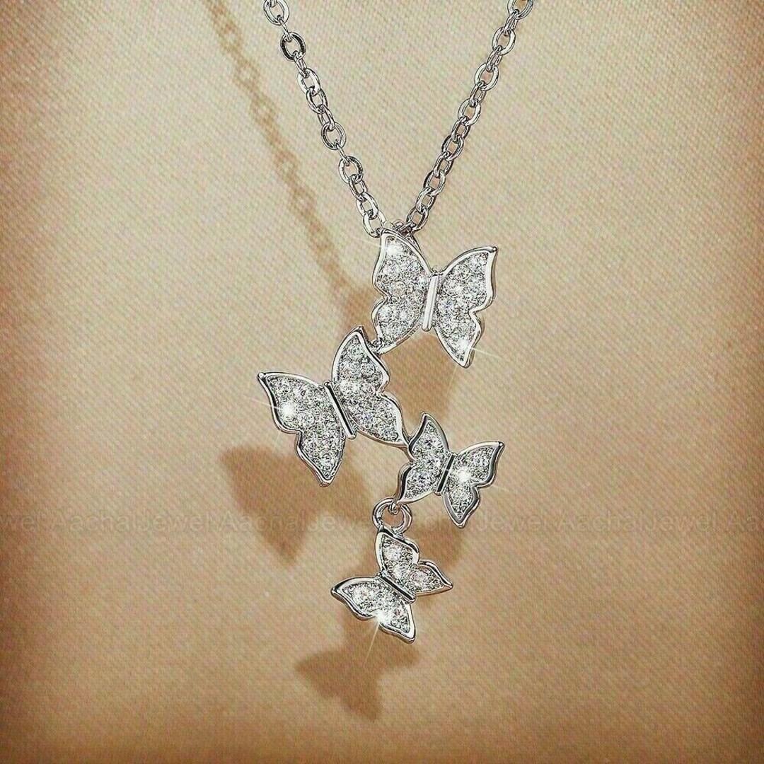 Tiny Butterfly Necklace, Girls Drop Down Necklace, 1.3 Ct Diamond ...