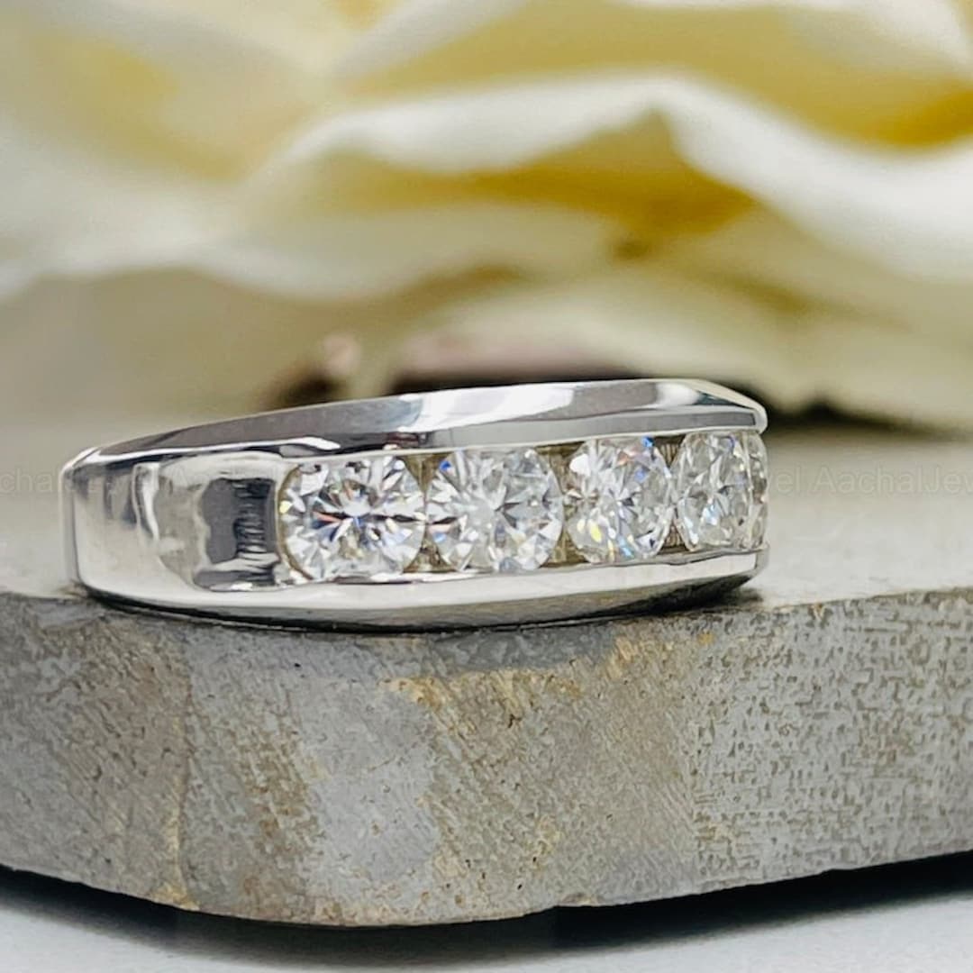 Men's Five Stone Wedding Ring, Men's Diamond Ring, 2.4 Ct Round Cut ...