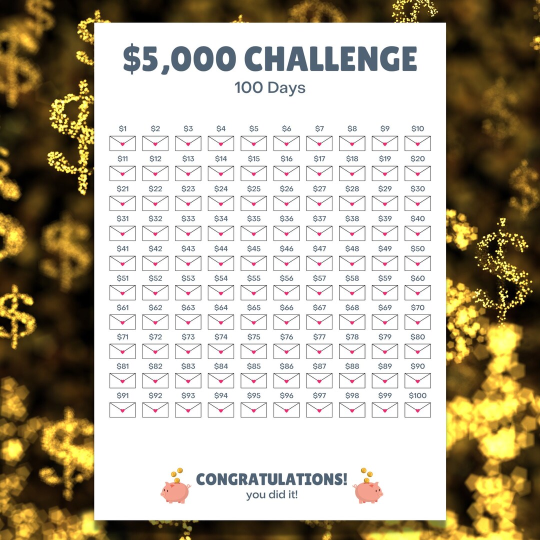 5K in 100 Days - 5,000 Savings Challenge Printable | 100 Envelopes ...