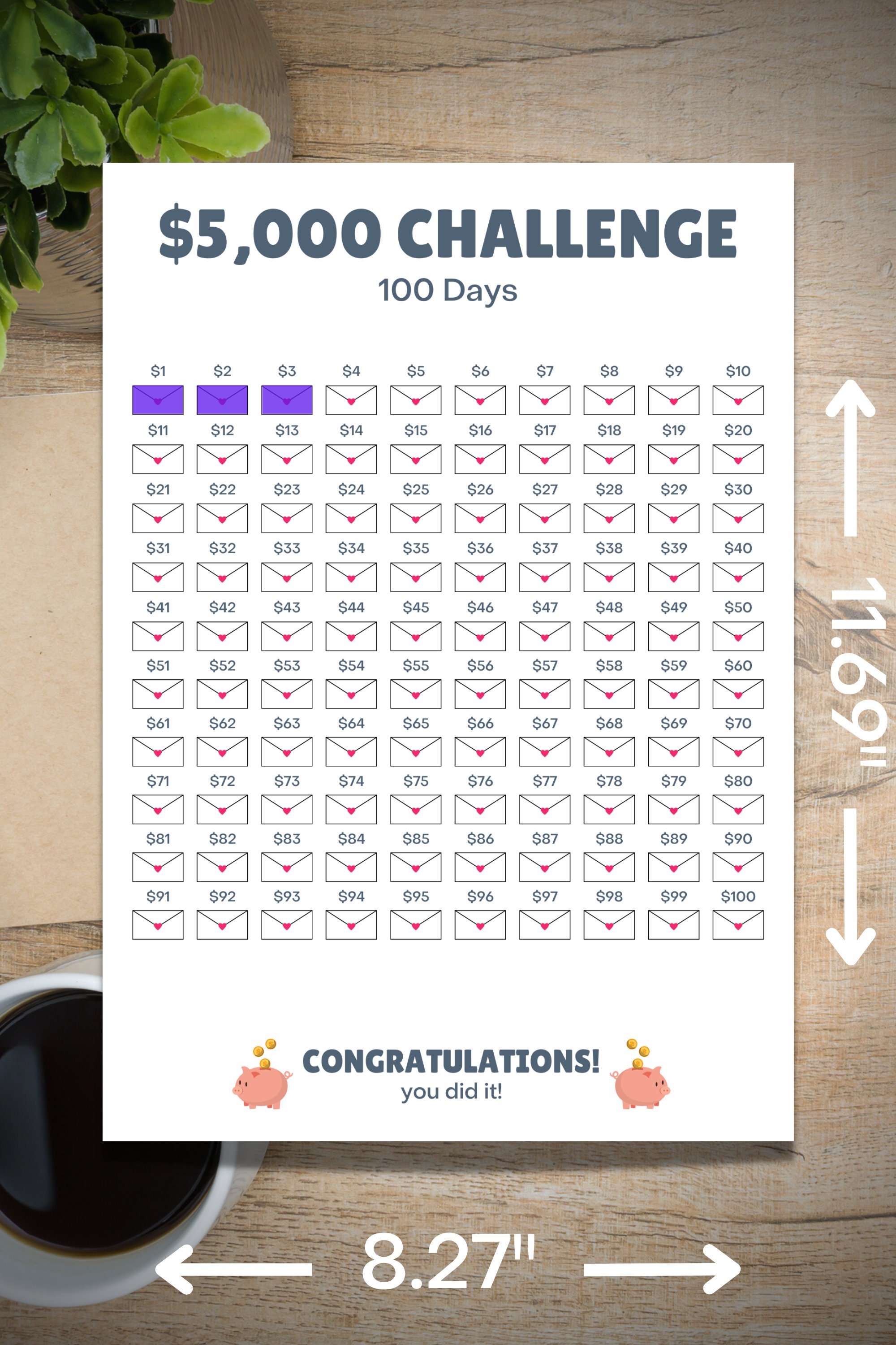 5K in 100 Days - 5,000 Savings Challenge Printable | 100 Envelopes ...