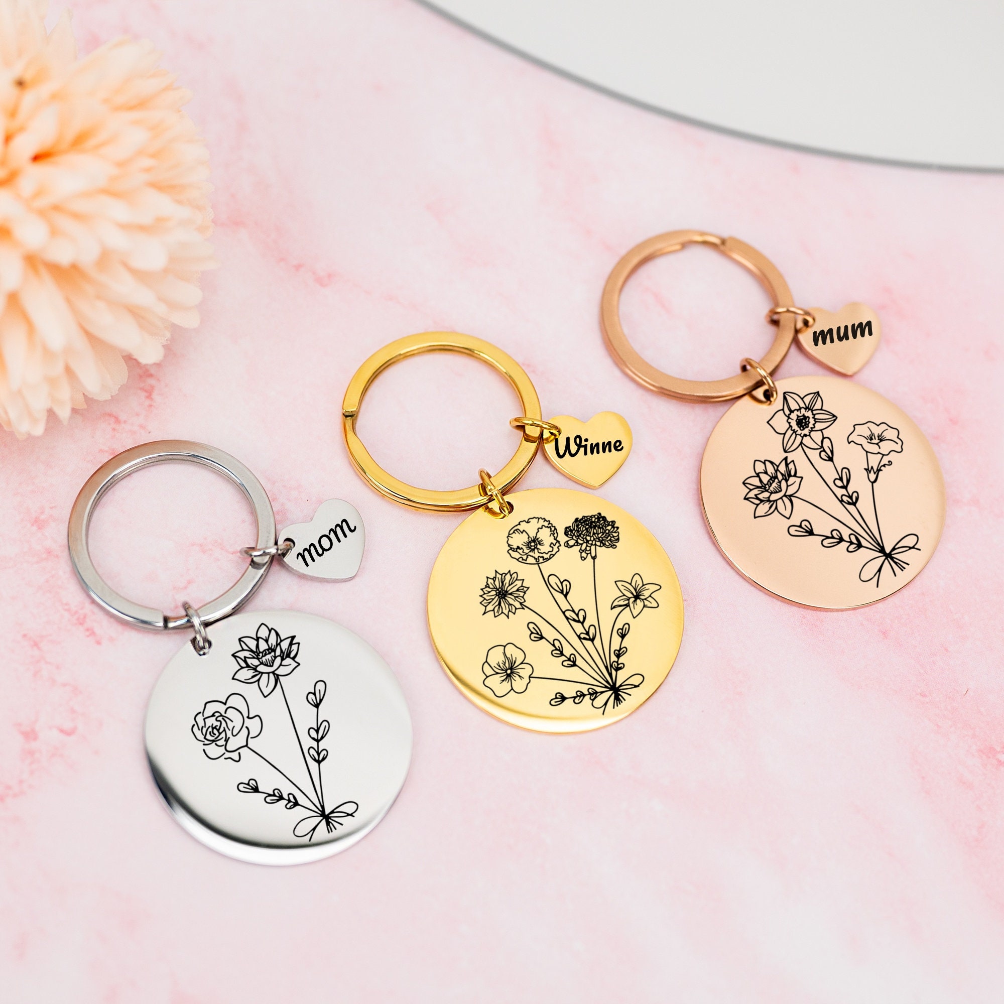 Personalized Birth Flower Keychain,gift for Mum,keyring for Mom,mother ...