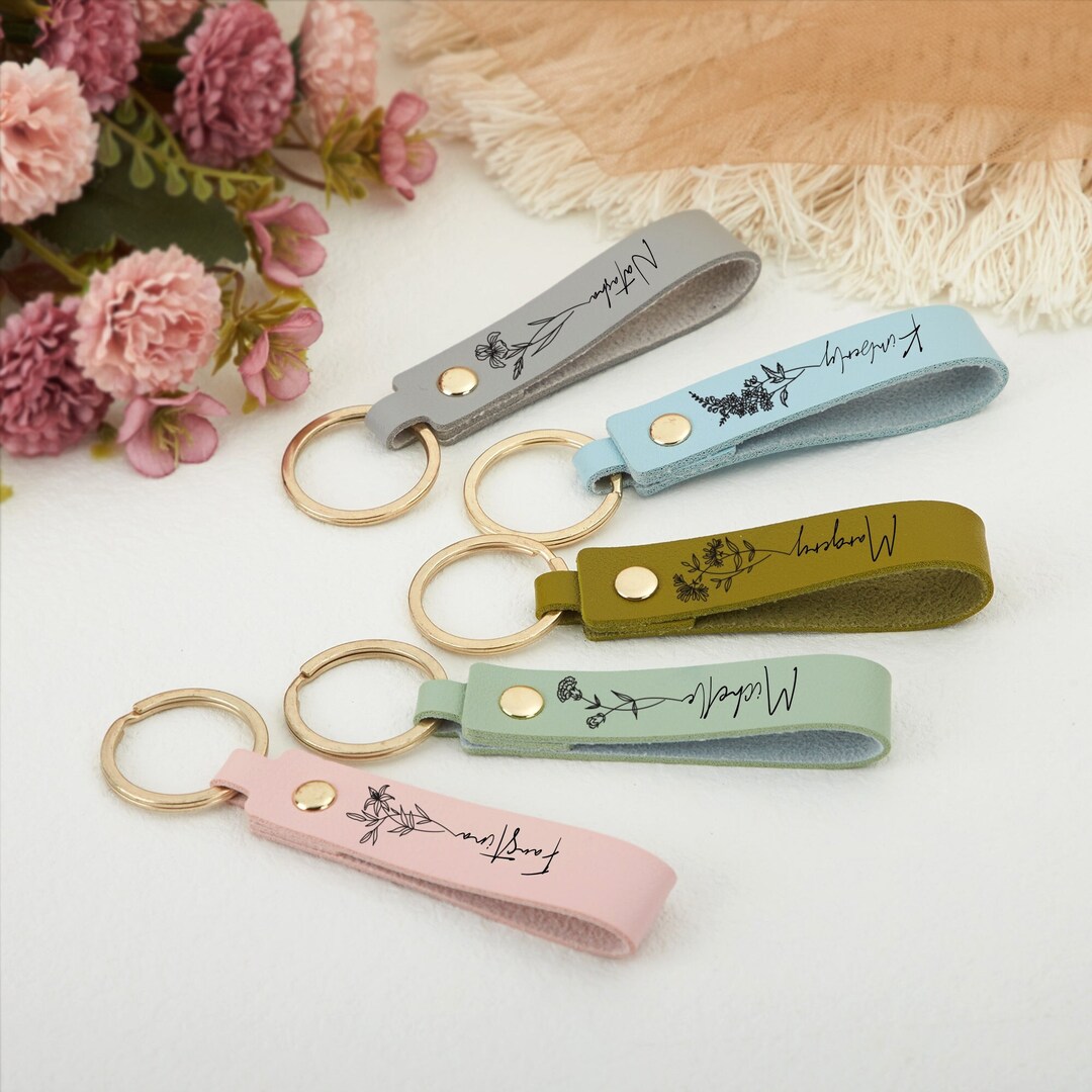 Custom Name Birth Flower Keychain, Custom Date Leather Keychain ...