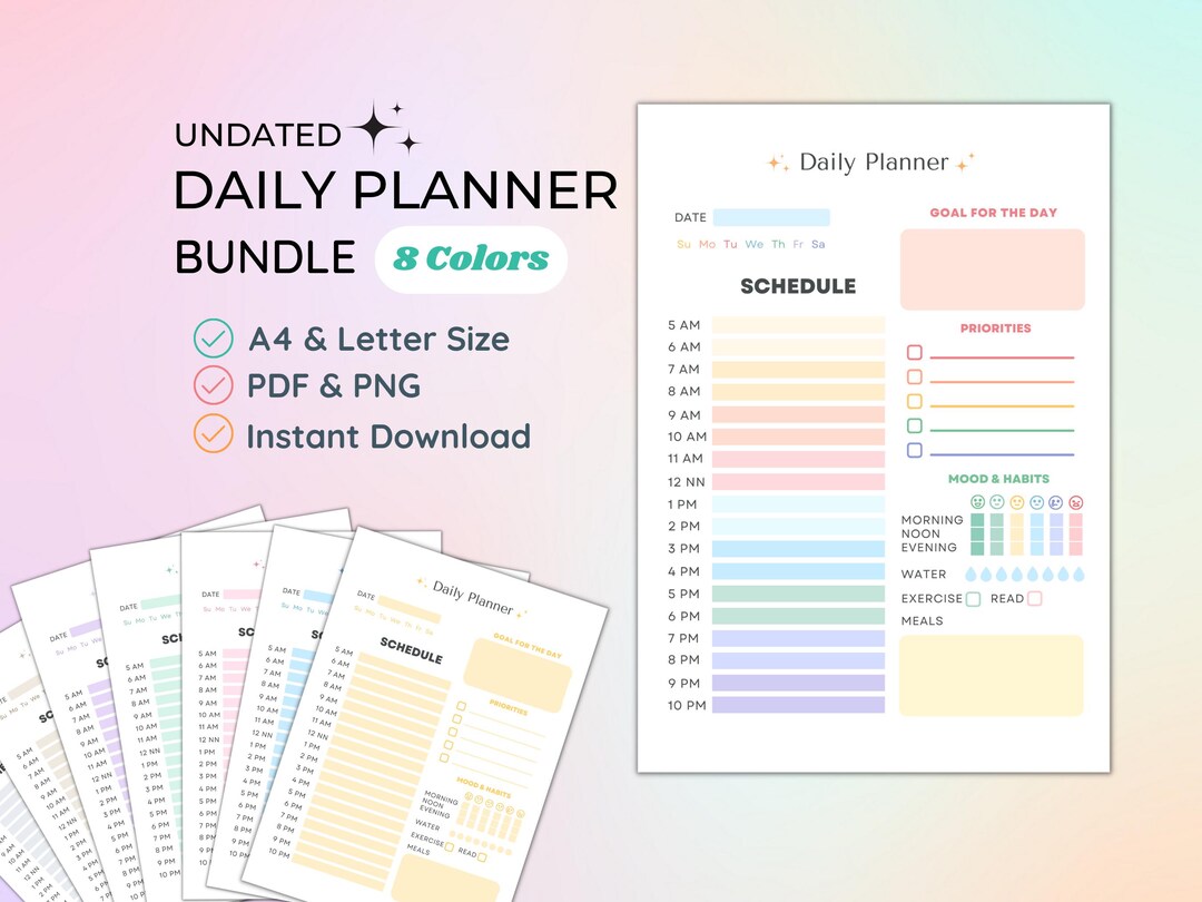Printable Daily Planner - 8 Colors Bundle | Minimalist Digital Undated ...
