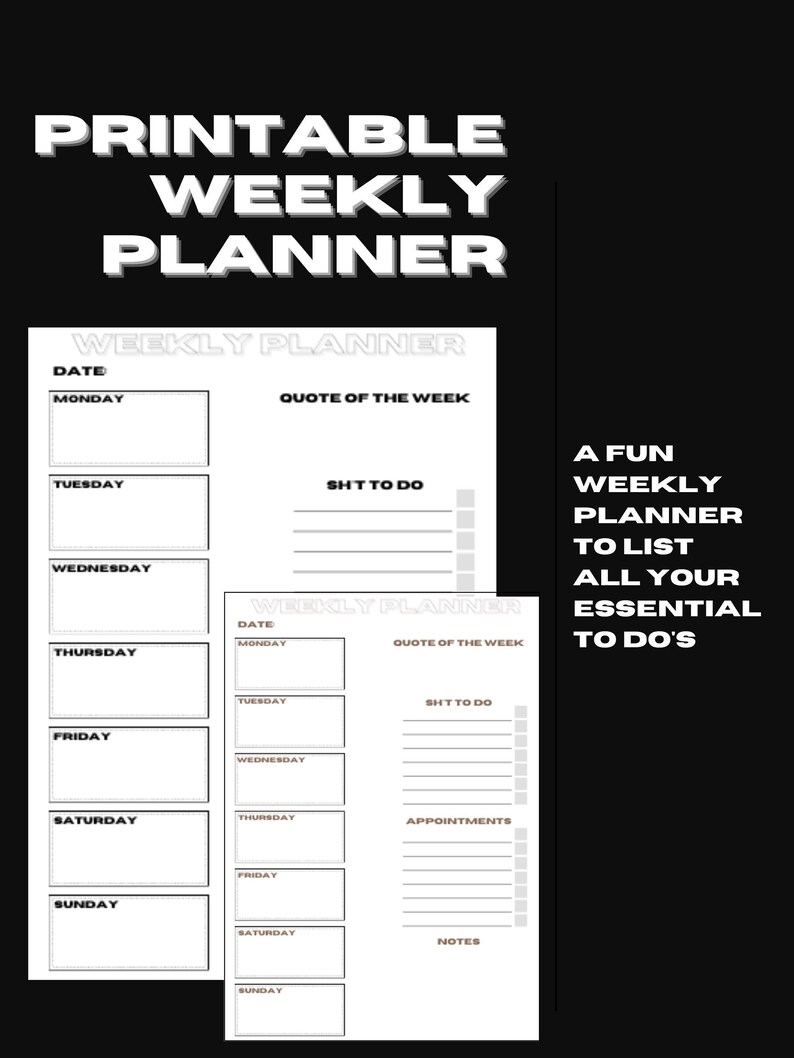 PRINTABLE WEEKLY PLANNER - Monday to Sunday, 5 X Colour Options ...