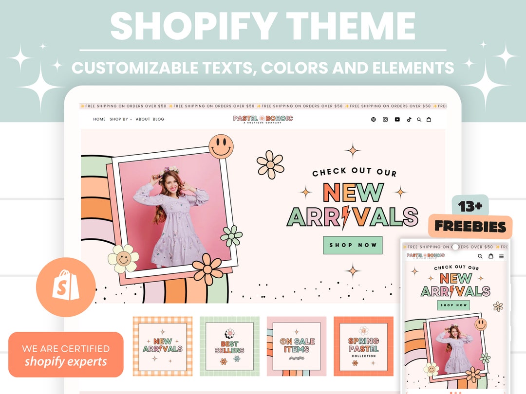 Shopify Theme Template, Pink Shopify Shopify Boutique Theme With Canva ...