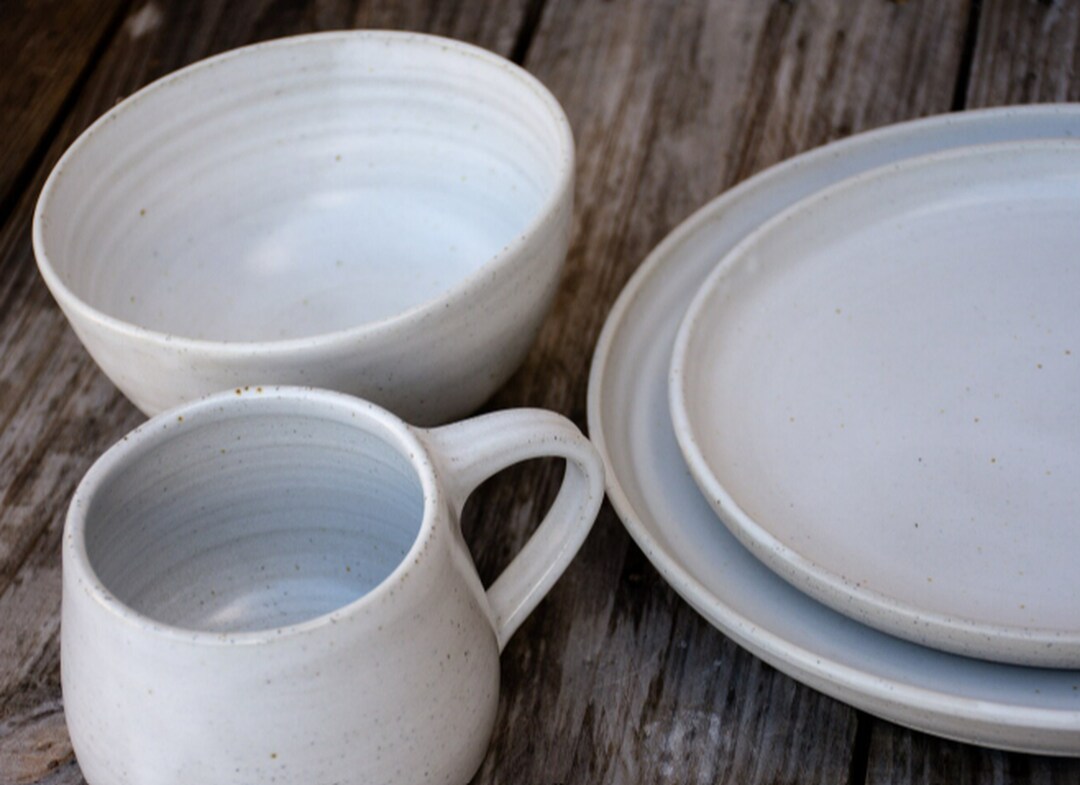 White Farmhouse Dinnerware Set Pottery Plates Ceramic - Etsy