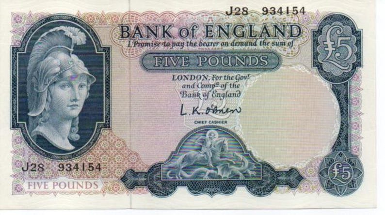 Five Pound - O'brien - 1961 - J28 934154 - UNC - B280 - H1048 - Etsy