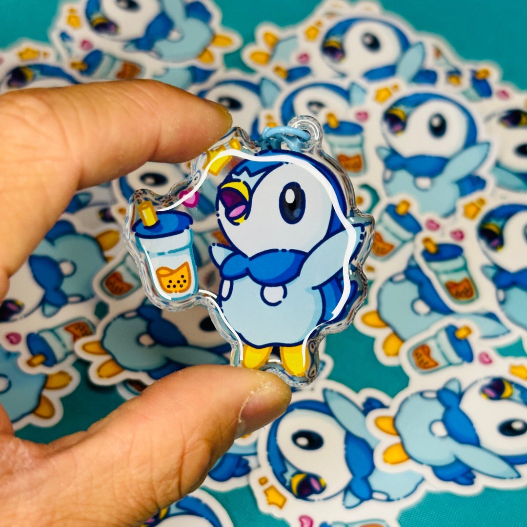 Cute Piplup Penguin Keychain Charm Acrylic Art, Blue Penguin and Boba ...