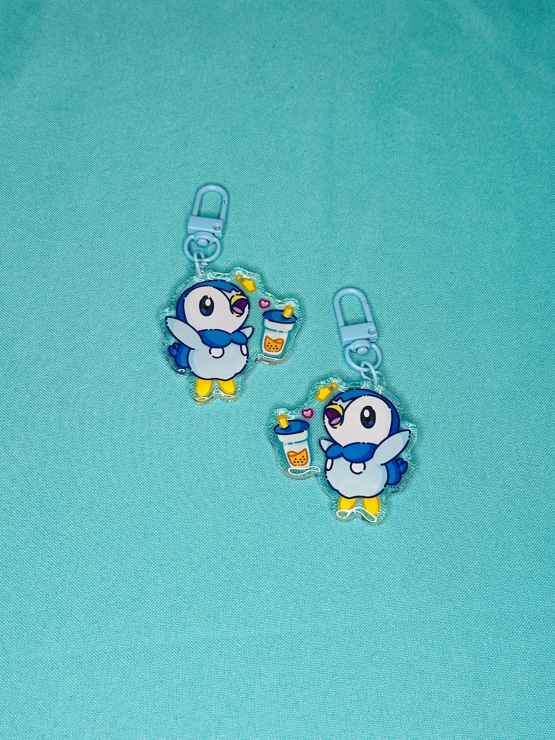 Cute Piplup Penguin Keychain Charm Acrylic Art, Blue Penguin and Boba ...