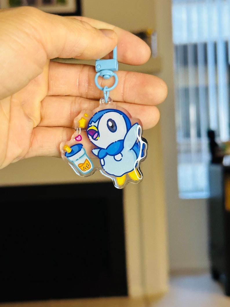 Cute Piplup Penguin Keychain Charm Acrylic Art, Blue Penguin and Boba ...
