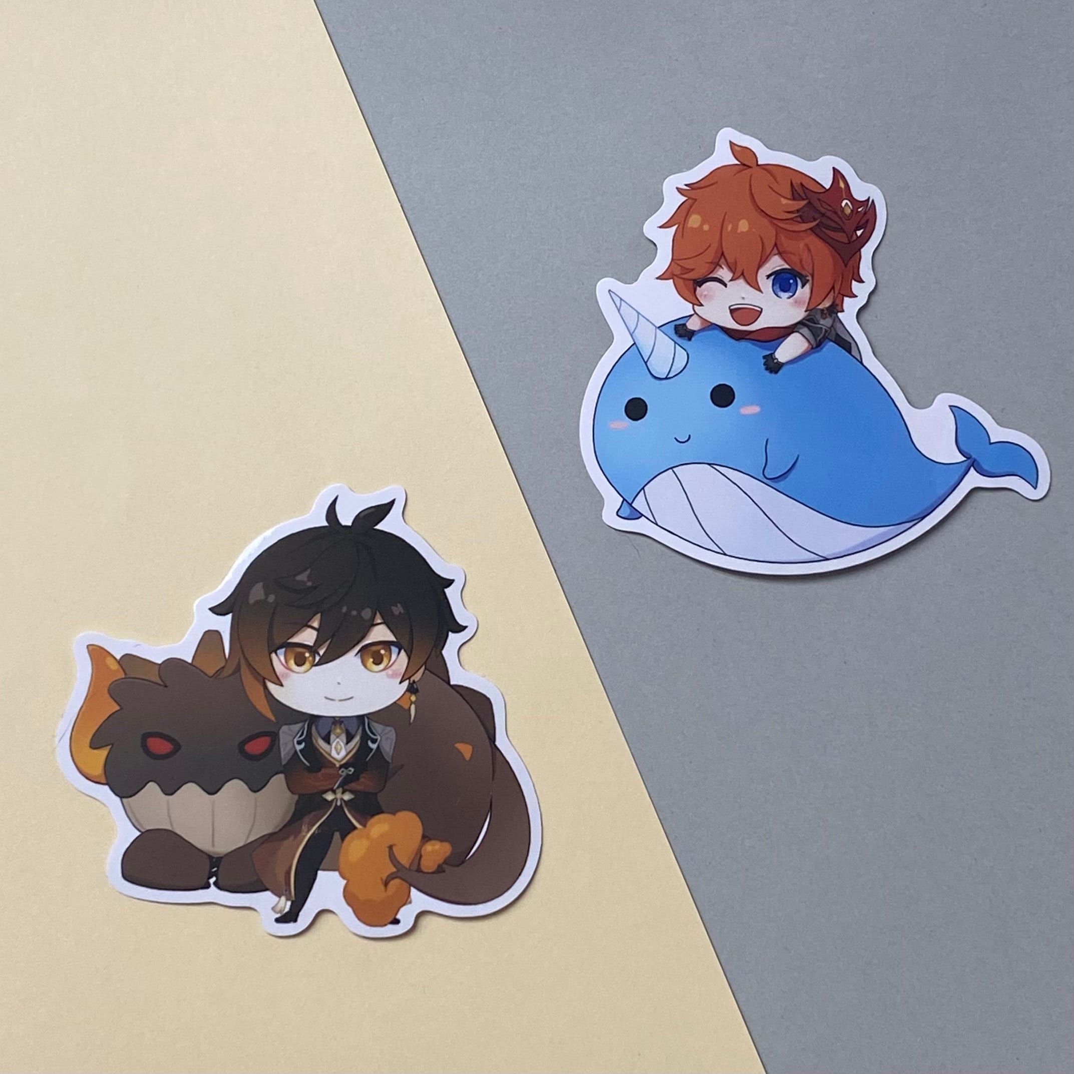 Genshin Impact Childe tartaglia W/ Narwhal & Zhongli W/ Azhdaha Glossy ...