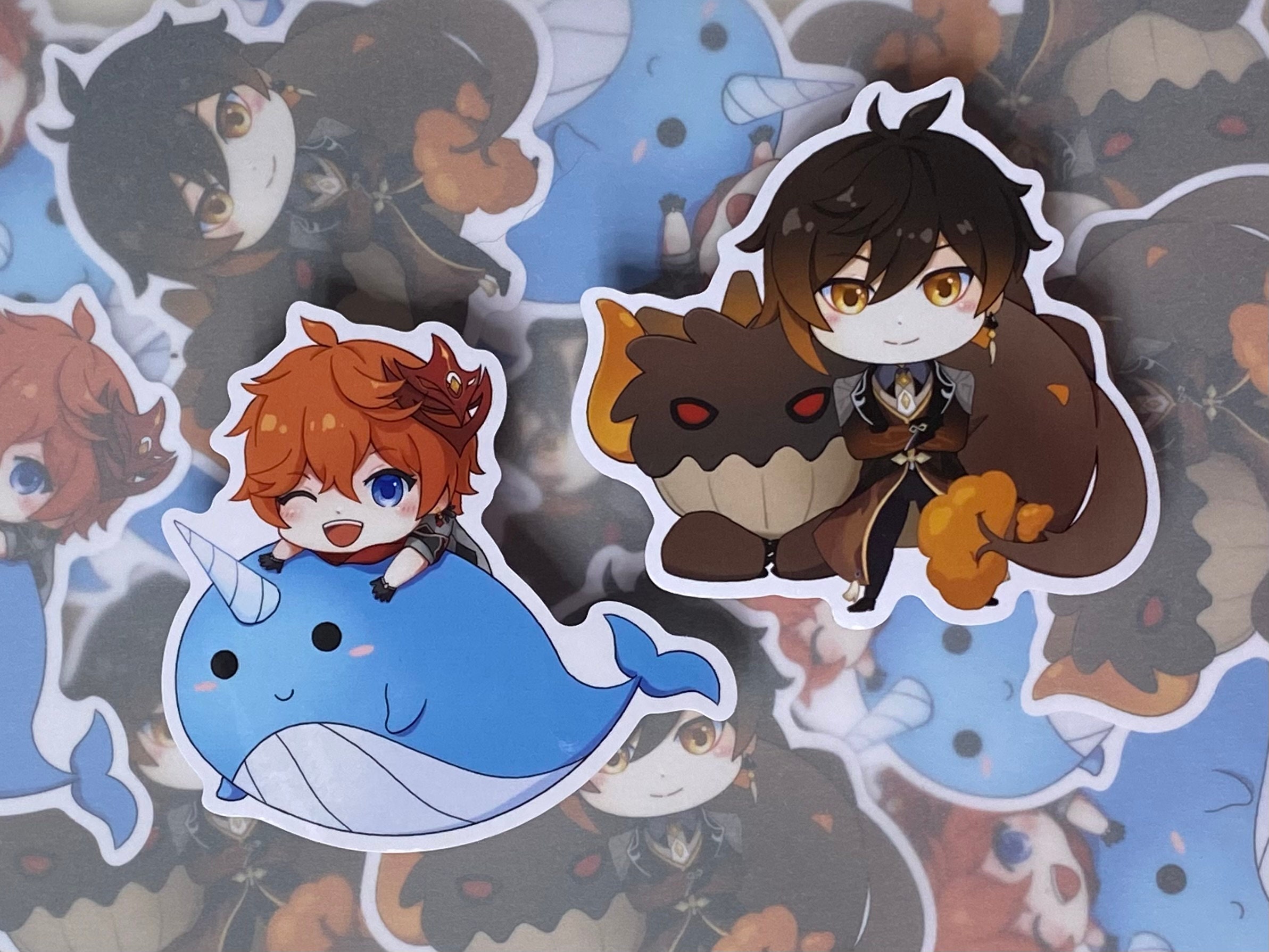 Genshin Impact Childe tartaglia W/ Narwhal & Zhongli W/ Azhdaha Glossy ...