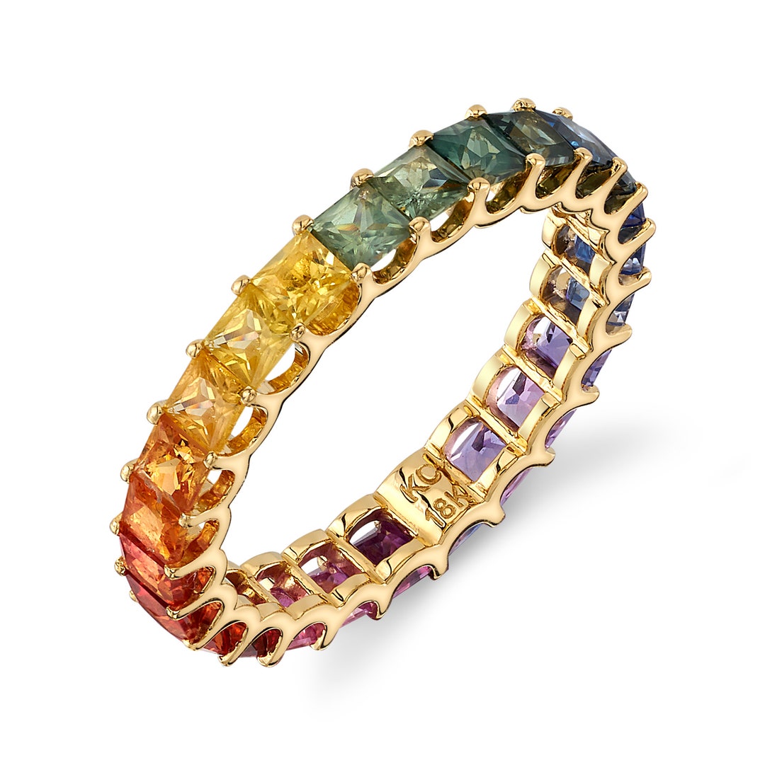 Rainbow Sapphire Ring, 14k Gold Natural Multi Colored Sapphire Stone ...