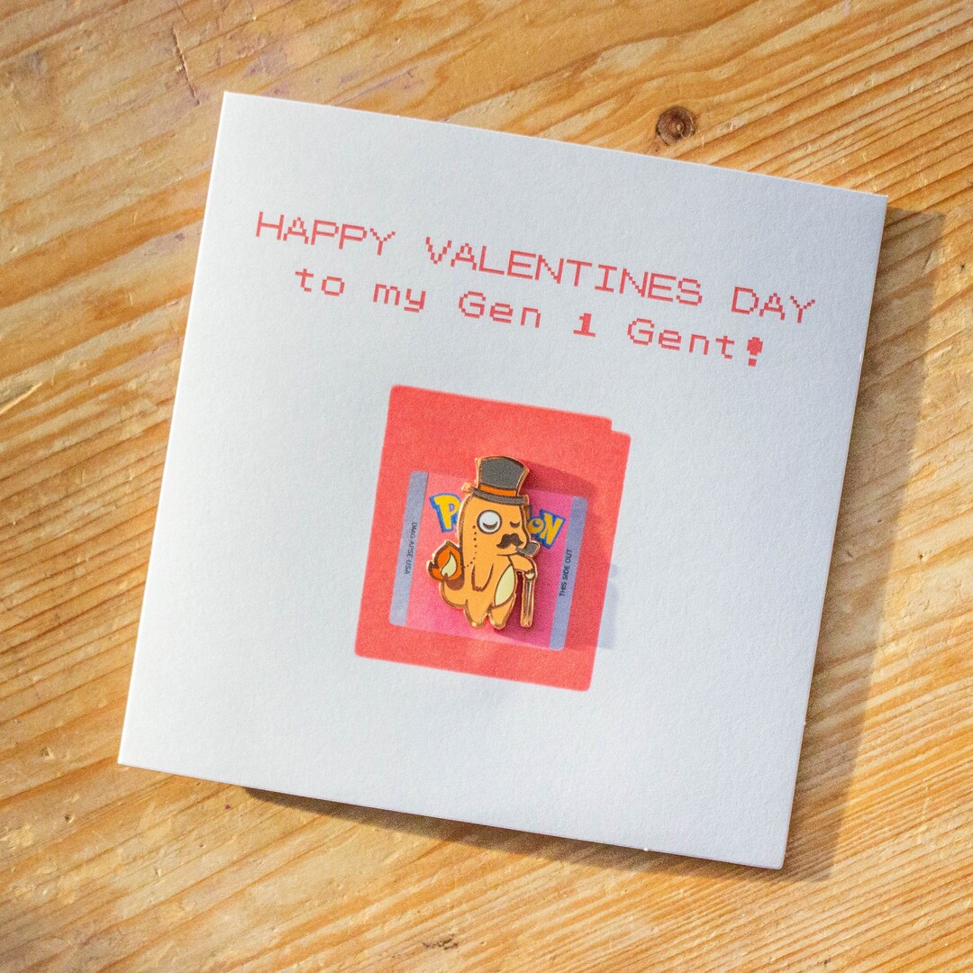 Gen 1 Gent Charmander Posh Pokemon Valentines Day Card and Pin, Gamer ...