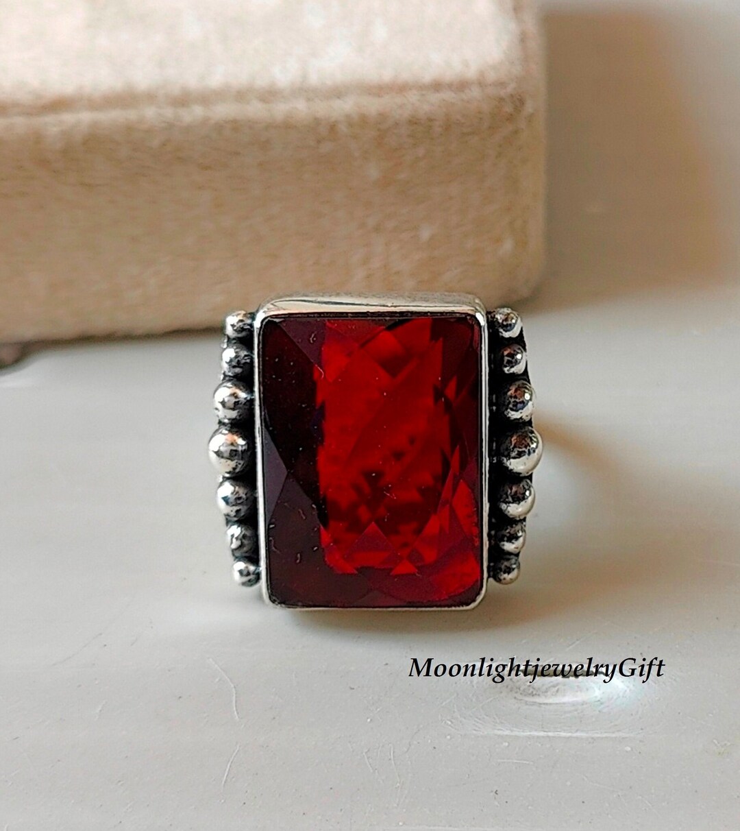 Natural Garnet Ring, 925 Sterling Silver Ring, Designer Rectangle ...